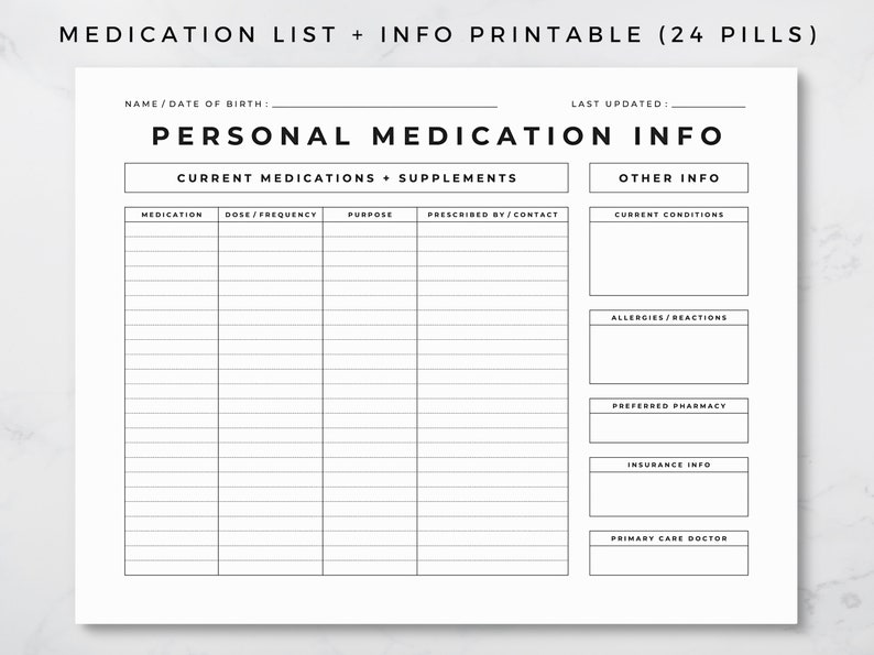 Medication Record Printable, Medication List and Info, Medical ...