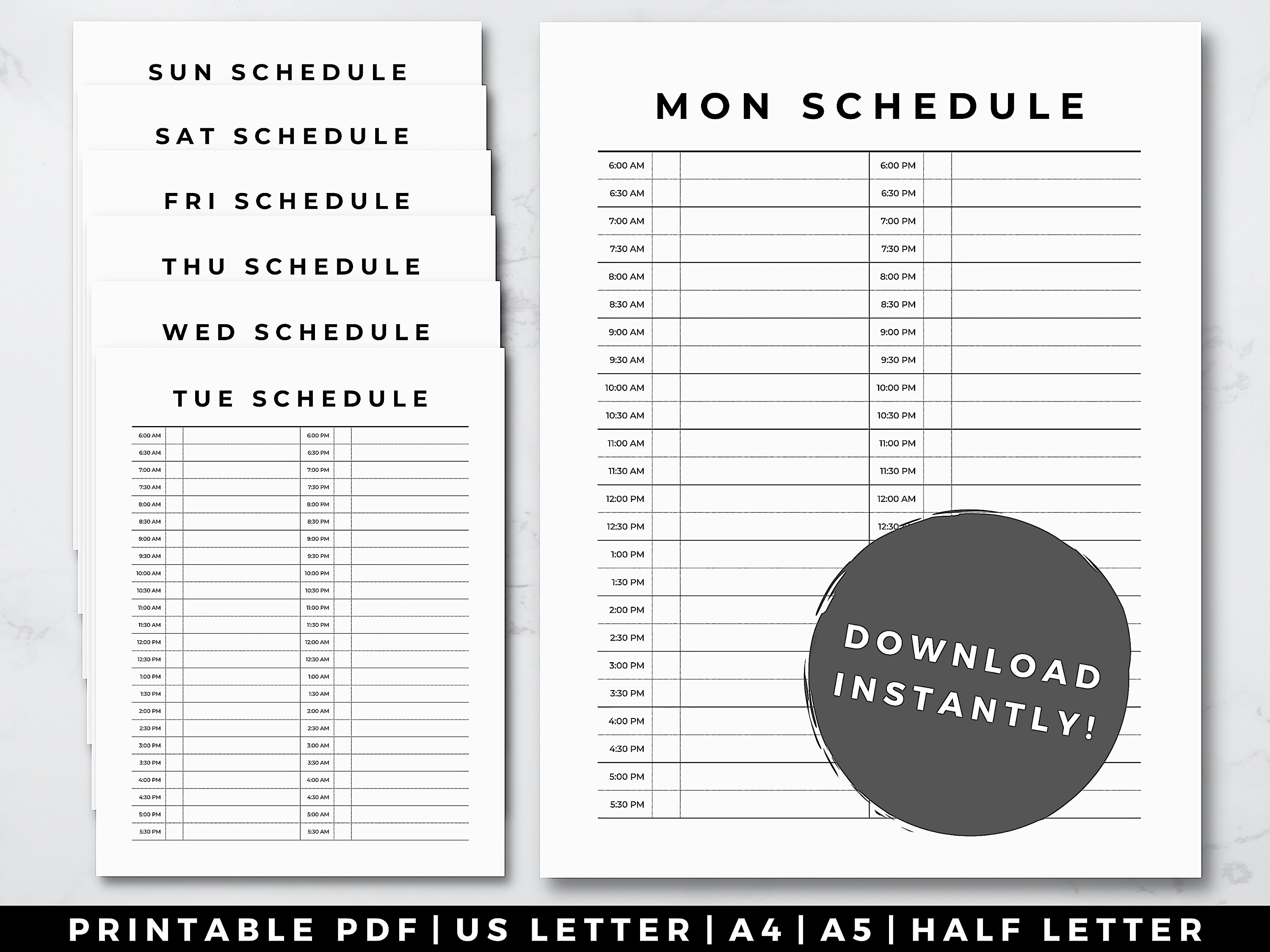 7 Day Schedule 24 Hour Planner Printable, Weekly Hourly Planner, Half ...
