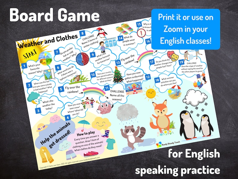 WEATHER & CLOTHES Board Game for English / ESL / Tefl Classes. Play on ...