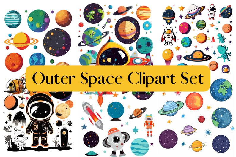 Outer Space Clipart Set, Planets, Astronauts, Spaceships, and Ufos Kids ...