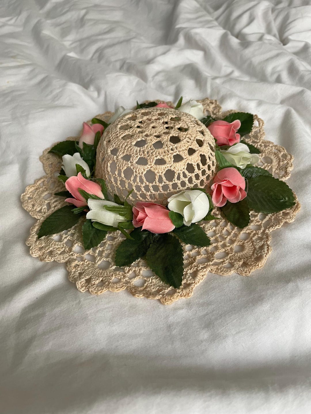 Vintage Starched Crochet Doily Hat With Fabric Flowers - Etsy