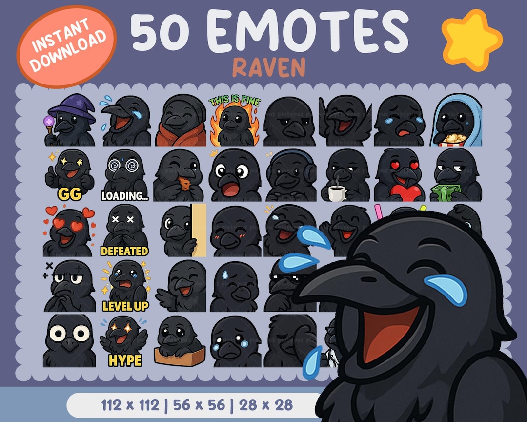 Kawaii Raven Emote Bundle: 50 Twitch & Discord Crow Expressions ...