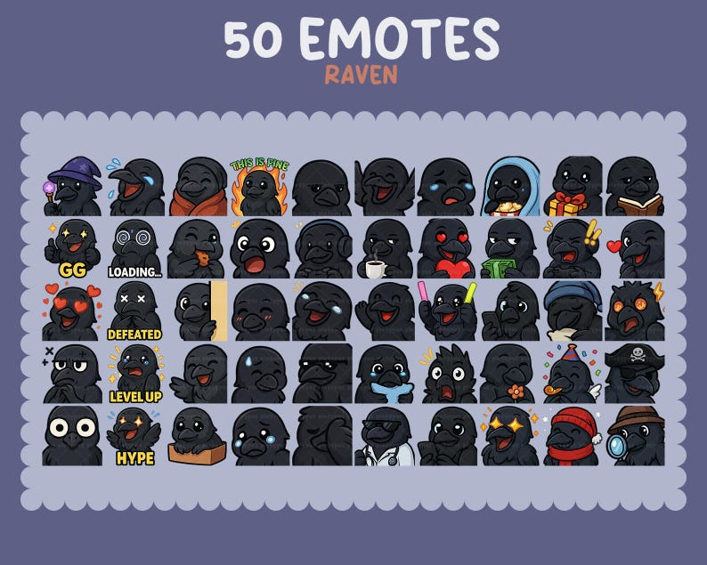Kawaii Raven Emote Bundle: 50 Twitch & Discord Crow Expressions ...