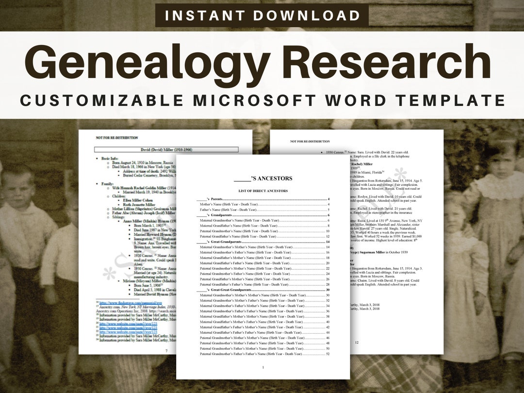 Family History Research Template in Microsoft Word Genealogy Notebook ...