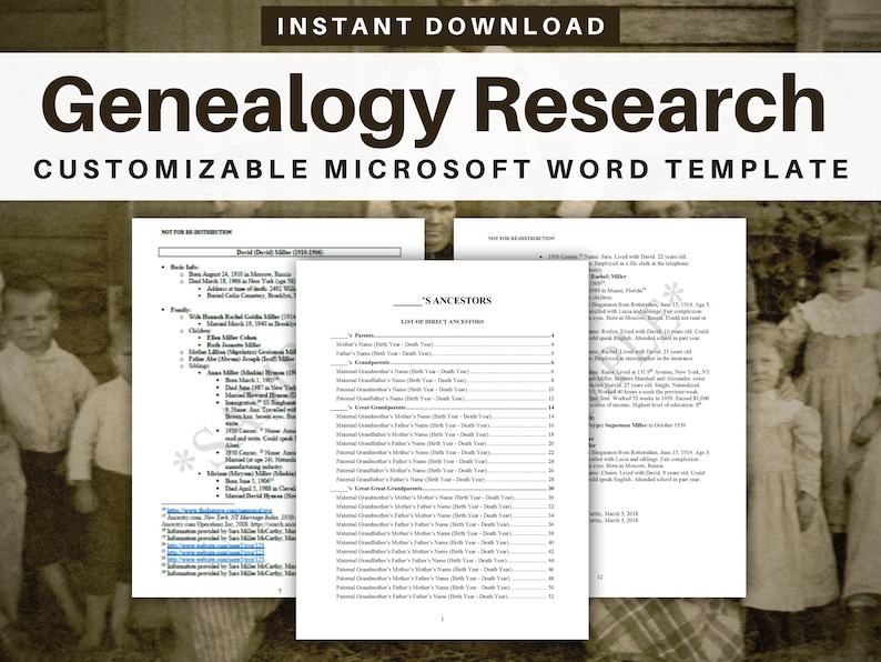 Family History Research Template in Microsoft Word Genealogy Notebook ...