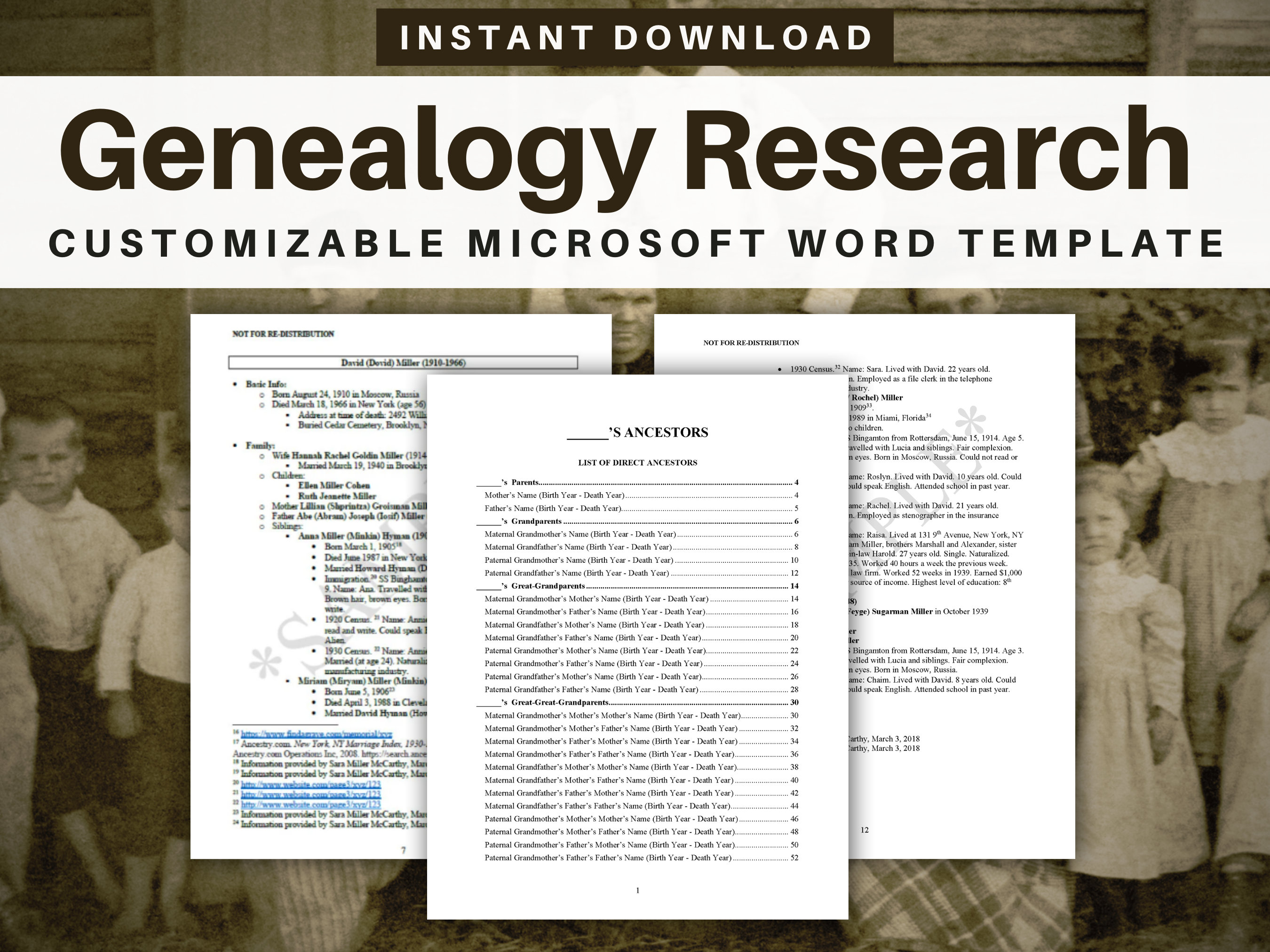 Family History Research Template in Microsoft Word Genealogy Notebook ...