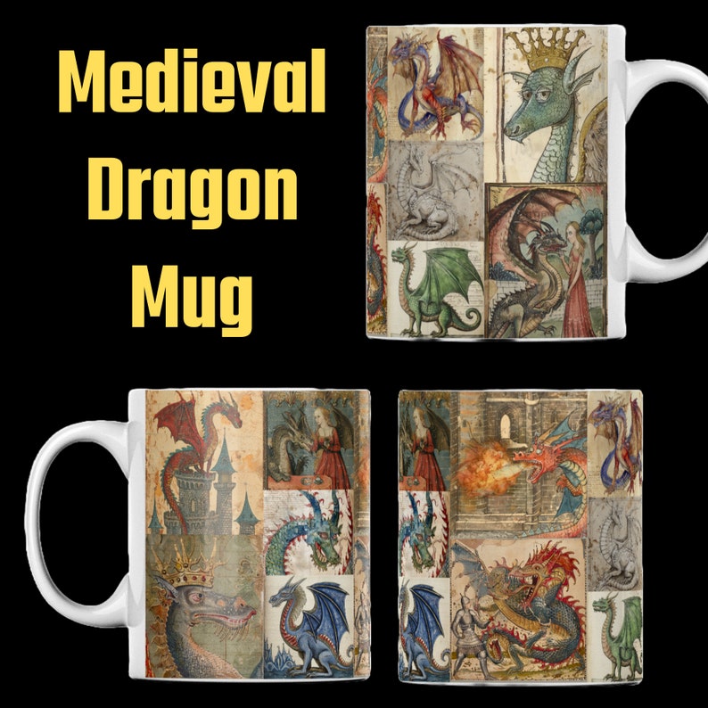 Medieval Dragons Mug, Marginalia, Dragon Mug, Medieval Art, Medieval ...