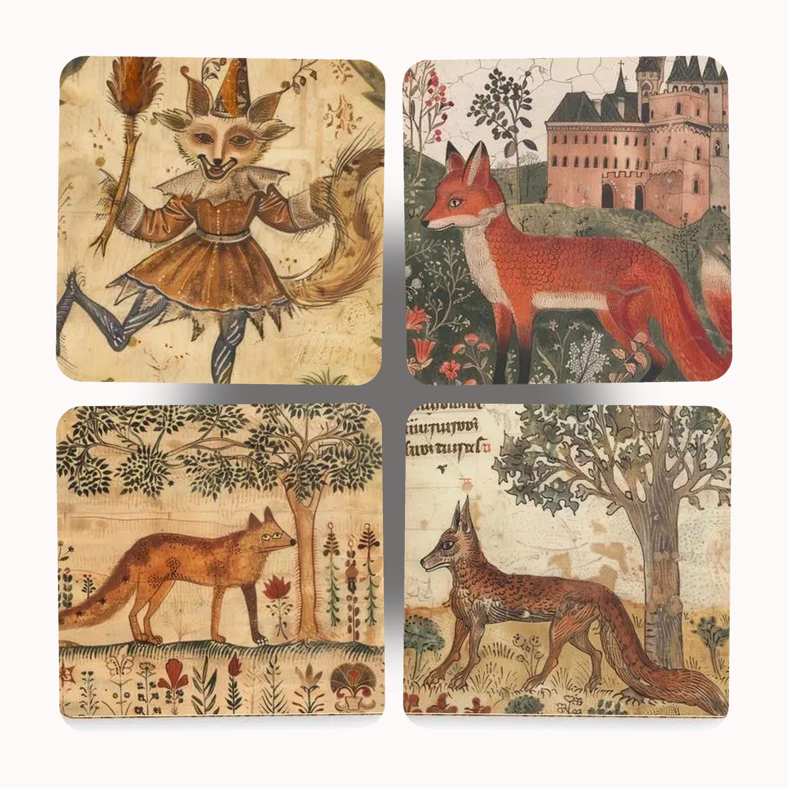 Fox Coasters, Medieval Marginalia Style, Set of 4 - Etsy