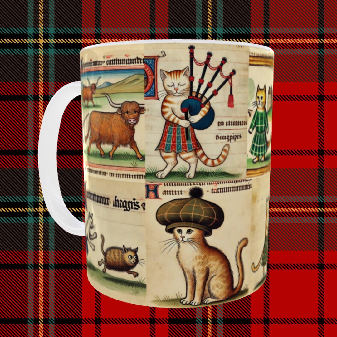 Scottish Cat Mug, Medieval Cats Mug, Cats in Kilts, Chasing Haggis, Cat ...