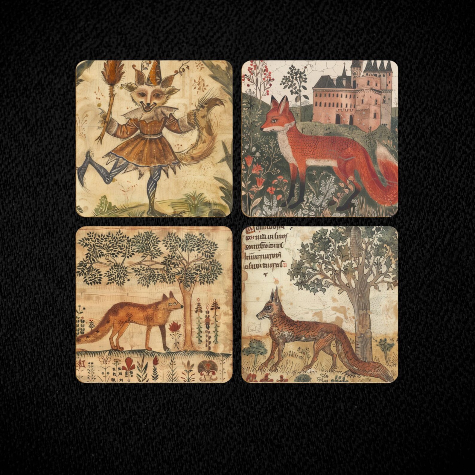 Fox Coasters, Medieval Marginalia Style, Set of 4 - Etsy