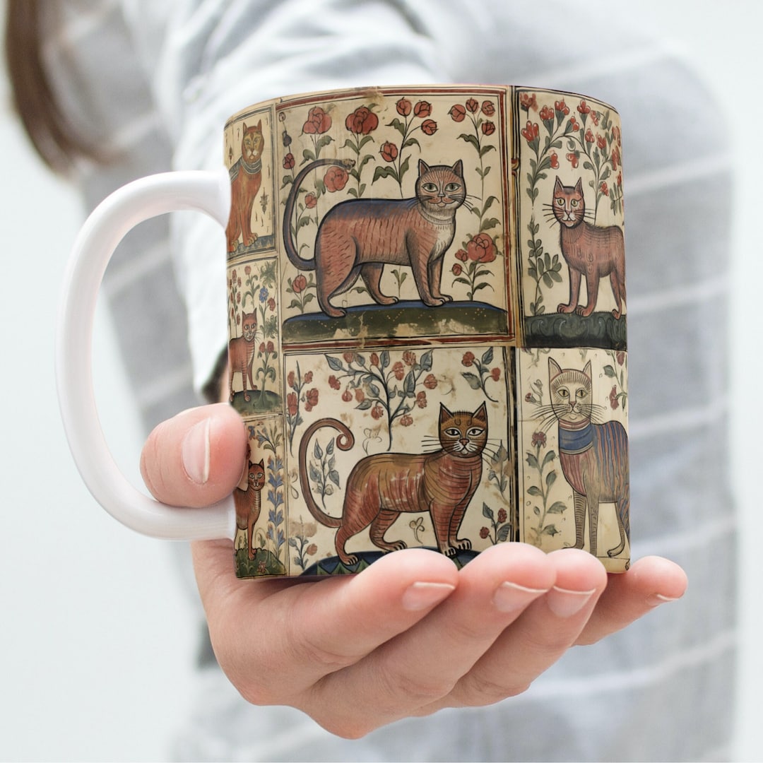 Medieval Cat Mug: Illuminated Manuscript Art, Whimsical Felines - Etsy