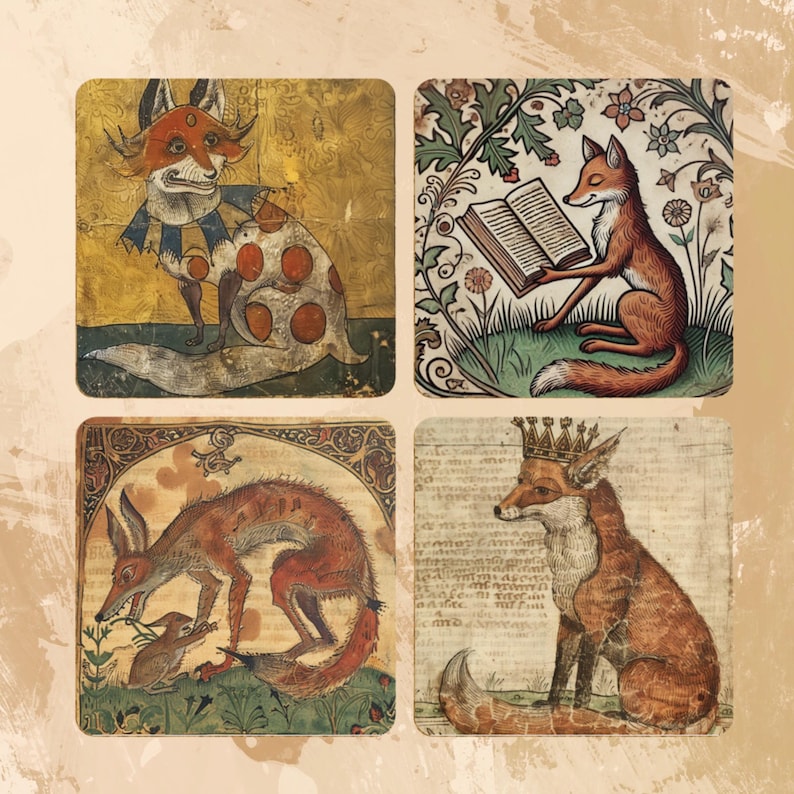 Medieval Fox Coasters: Illuminated Manuscript Art, Set of 4 - Etsy