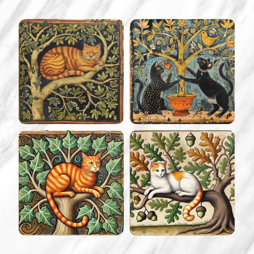 4 X Medieval Cat Coasters, Cats in Trees, Medieval Marginalia, Funny ...