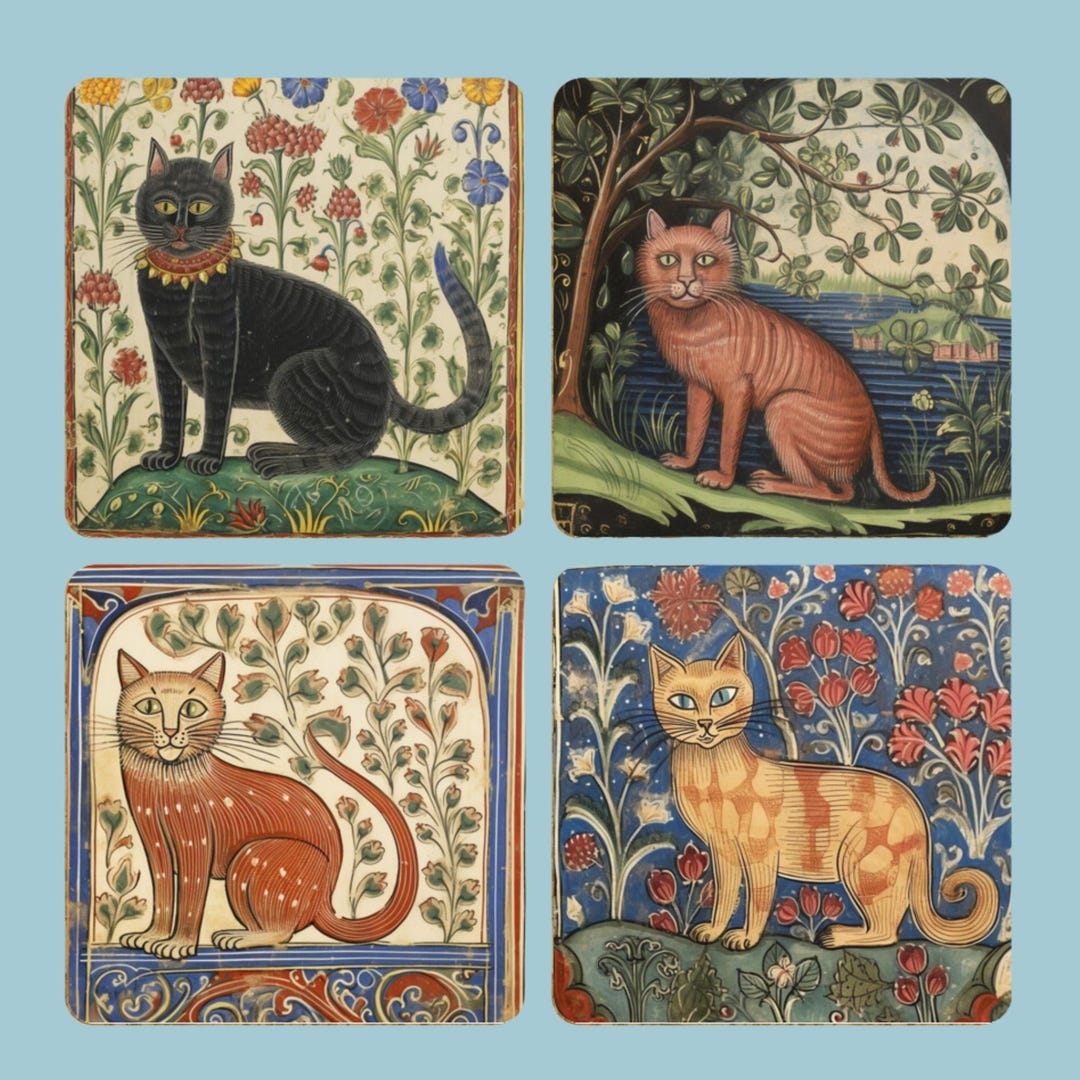 Medieval Cat Coasters, Marginalia Cat Drinks Mats, Cat Lover Gift ...