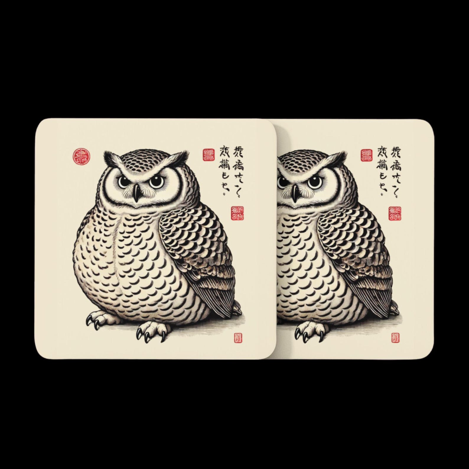 Japanese Owl Coasters, Set of 4 Drinks Mats, Fat Owl, Ukiyo-e Art, Matsumoto Hoji, Wabi Sabi ...