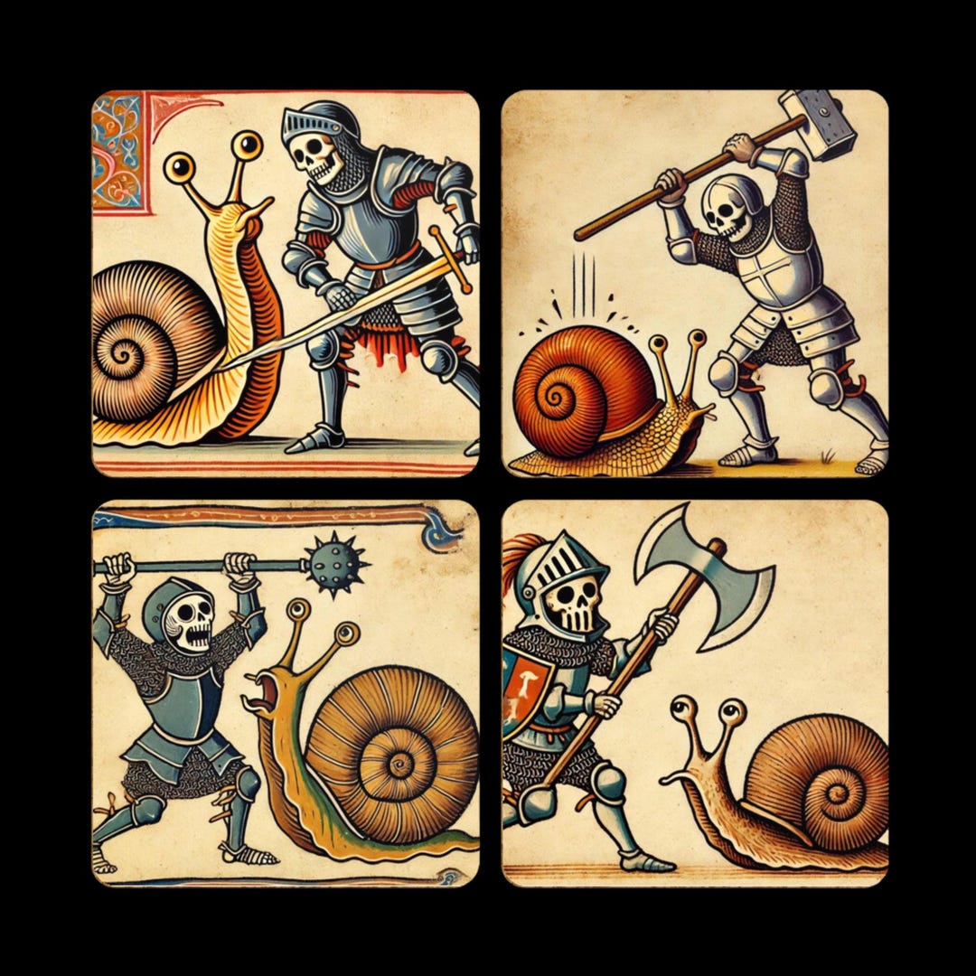 Snails and Skeleton Knights Coasters, Pack of 4, Medieval Marginalia ...