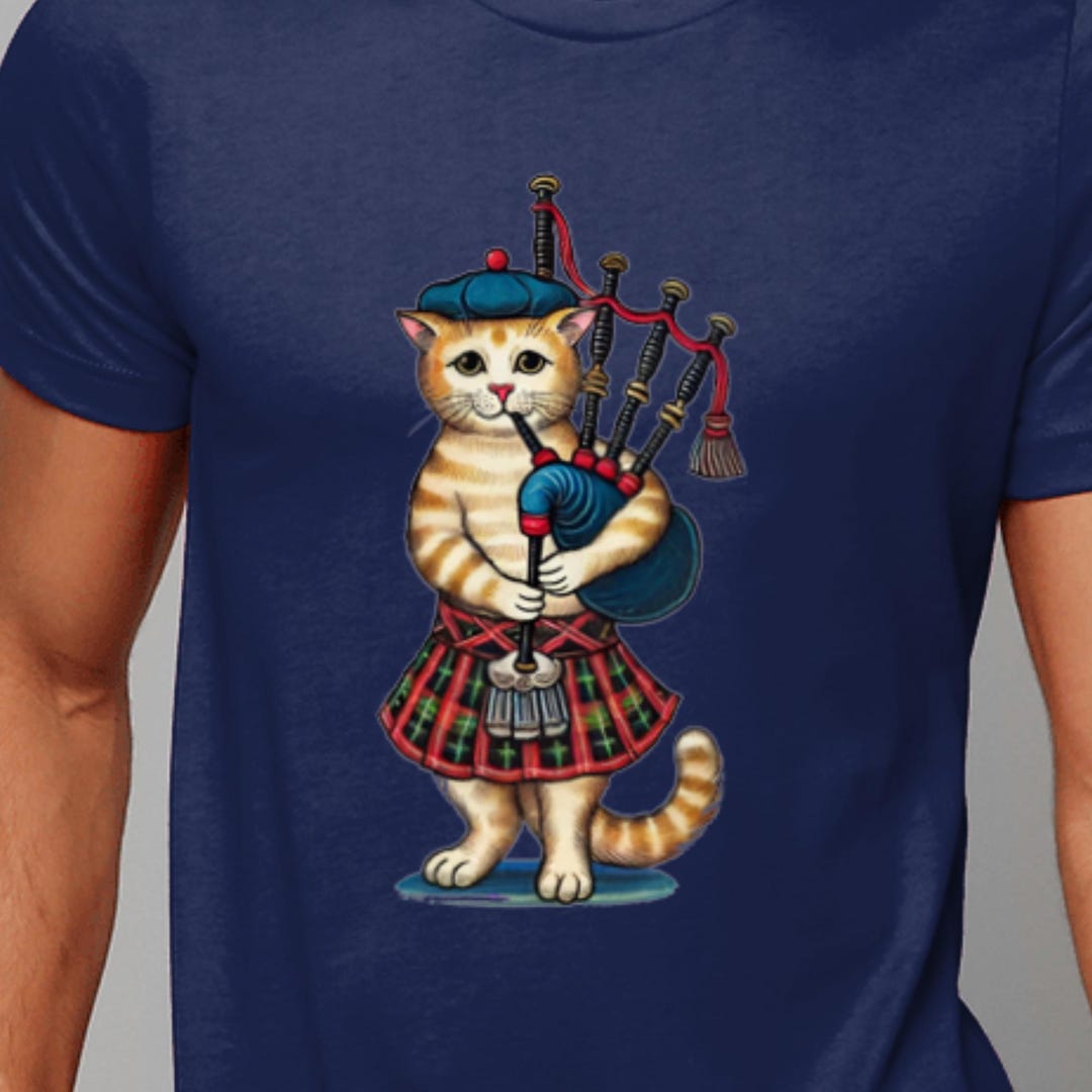 Medieval Bagpipes Cat T-shirt – Funny Scottish Piper Cat in a Kilt ...
