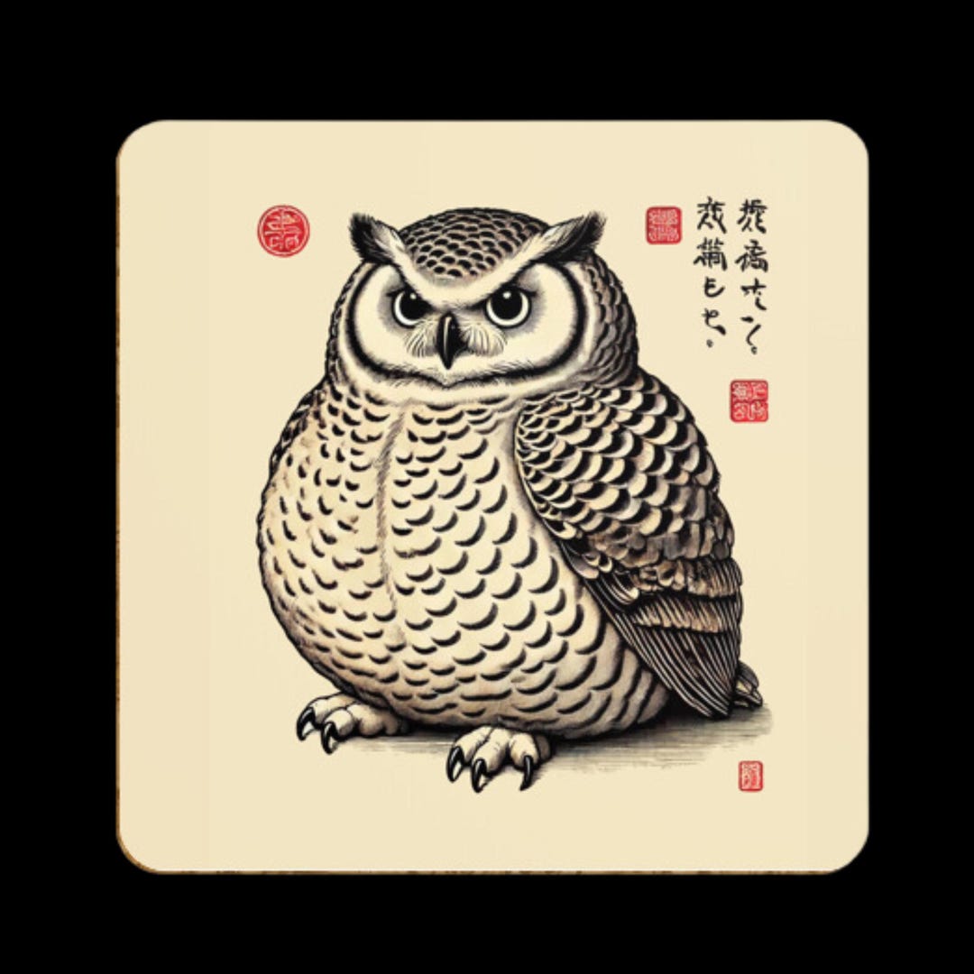 Japanese Owl Coasters: Ukiyo-e Art, Zen Decor (set of 4) - Etsy