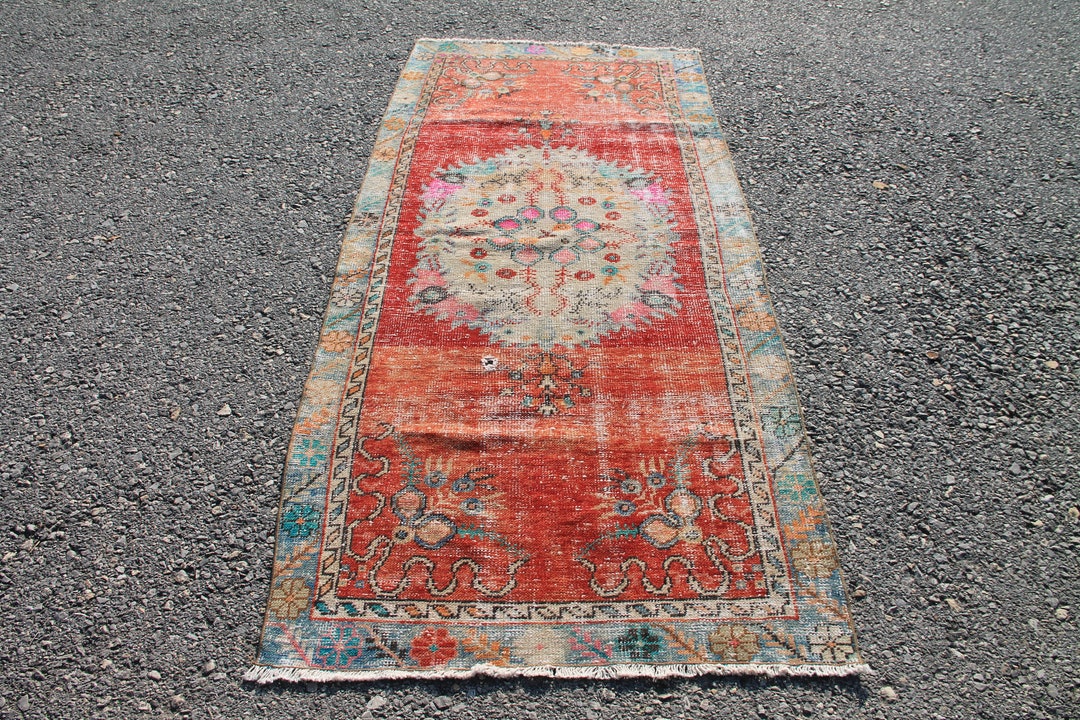 Vintage Boho Rug, 3.2 X 6.9 Ft Rug, Red and Blue Rug, Handmade ...
