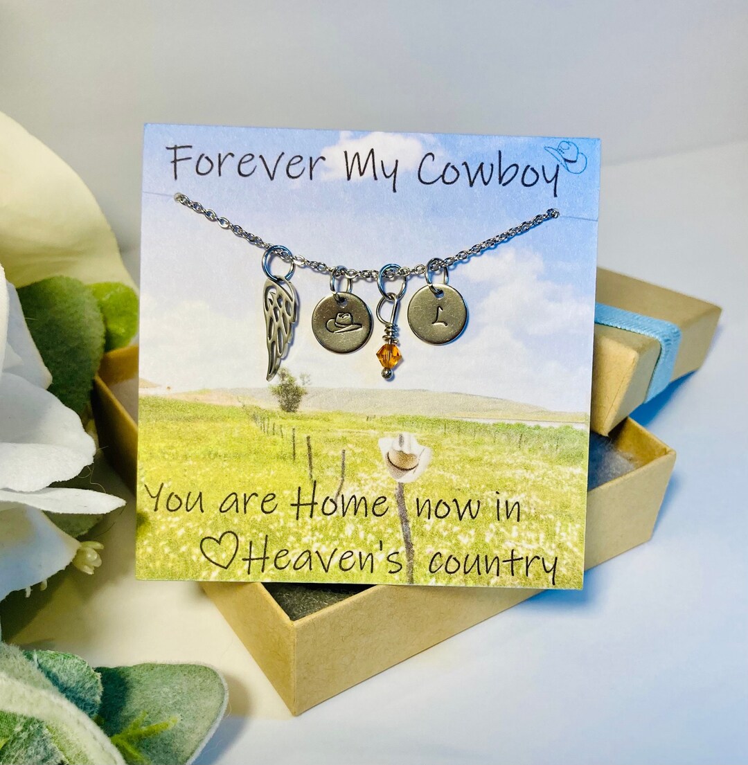 Forever My Cowboy, Memorial Necklace, Angel Wing Necklace, Grief Gift ...