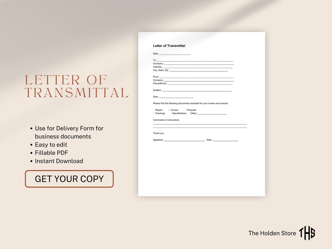 Letter of Transmittal Template, Fillable PDF Business Document, Printable Delivery Form for ...