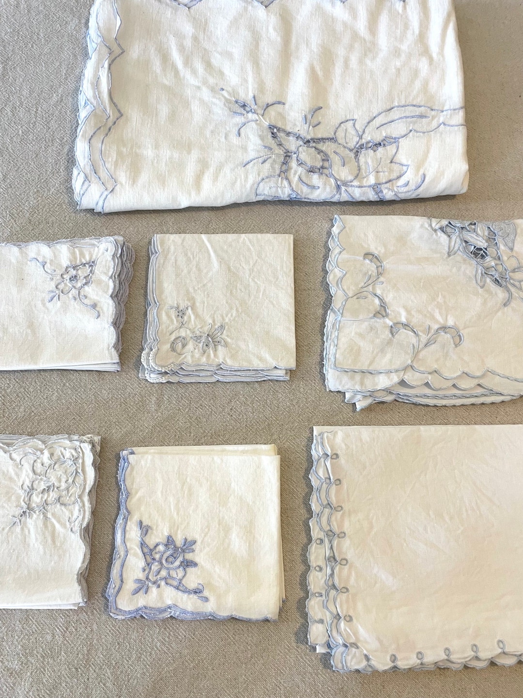 Vintage White Table Linens Set With Richelieu Cutwork and Light Blue ...