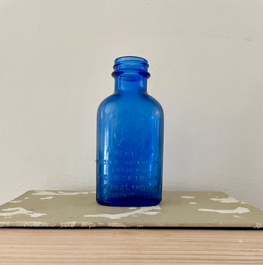 Vintage Cobalt Blue Milk of Magnesia Bottle Decorated Blue - Etsy