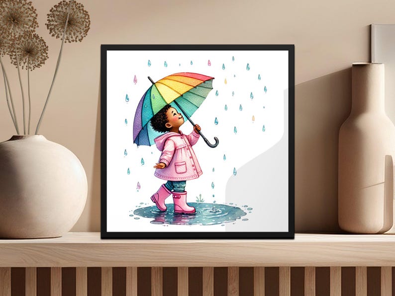 African American Kids Rainy Day Watercolor Clipart (digital Download ...