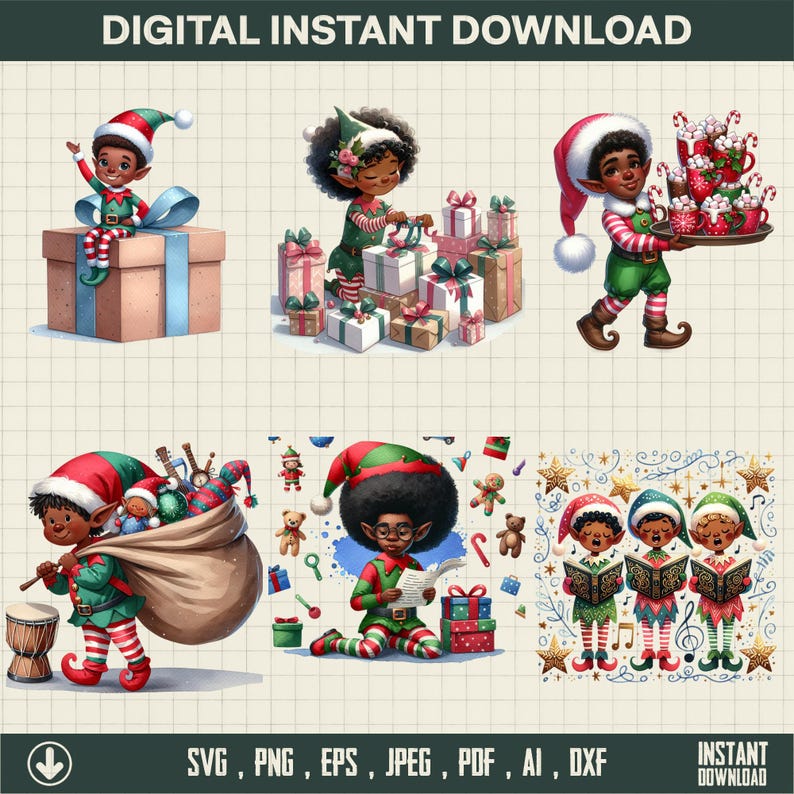 Afro Caribbean Christmas Elf Clipart, Holiday PNG Images, Dark Skin Elf ...
