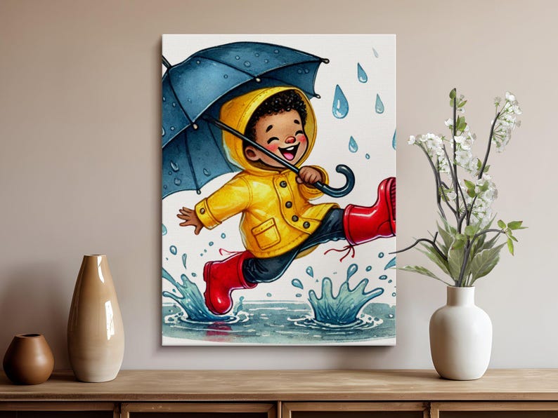African American Kids Rainy Day Watercolor Clipart (digital Download ...