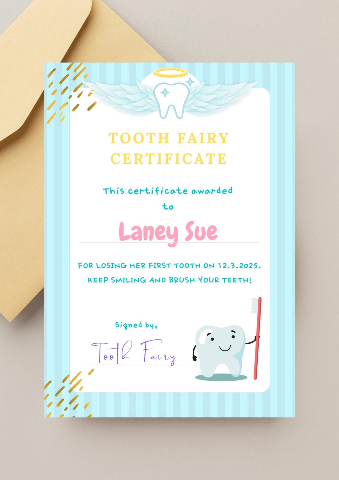 Tooth Fairy Certificate, Blue Modern Shabby, First Tooth Loss ...