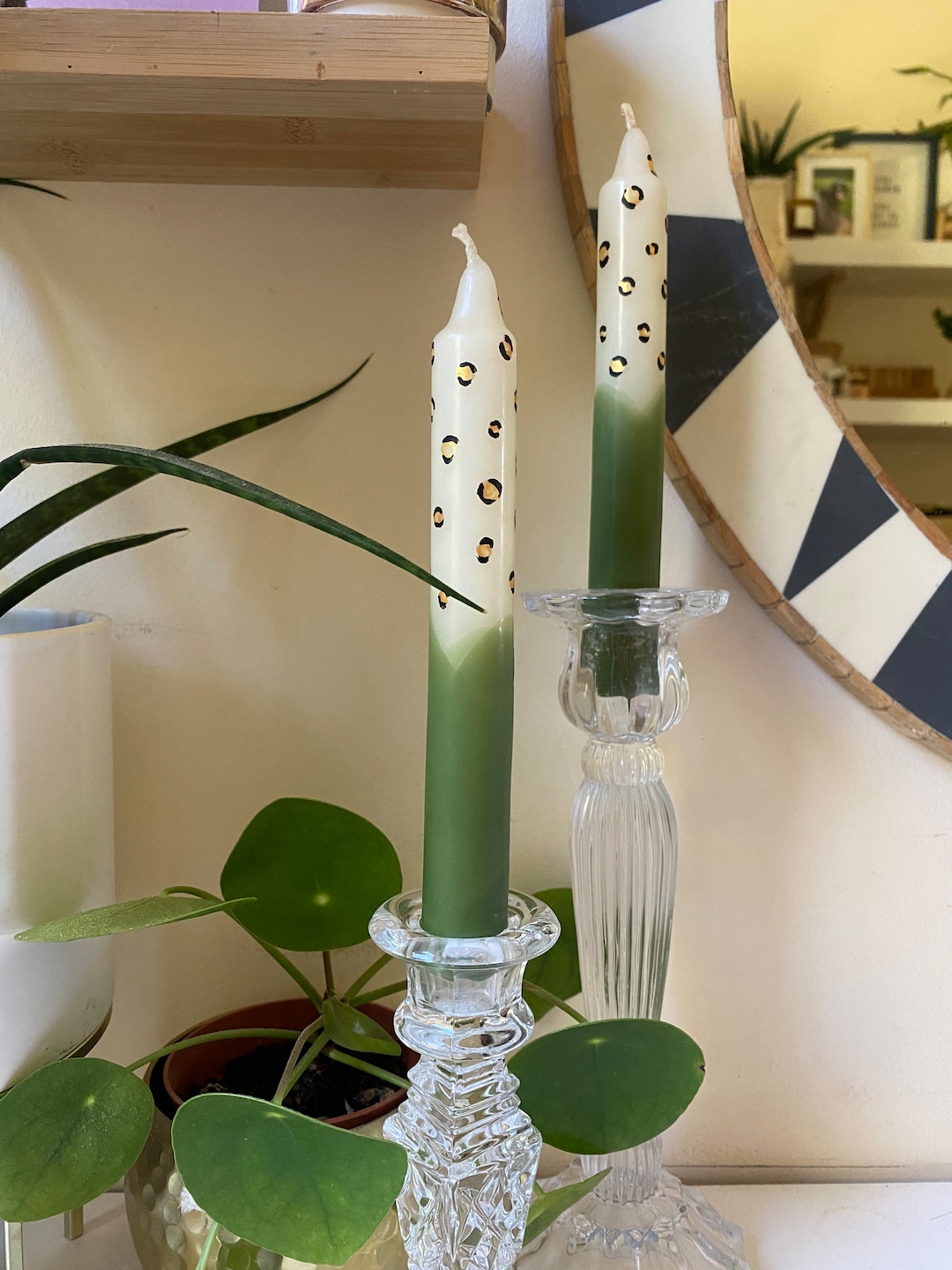 Olive Leopard Bistro Candles | Hand Painted Candles | Dipped Candles | Olive Green Candles ...