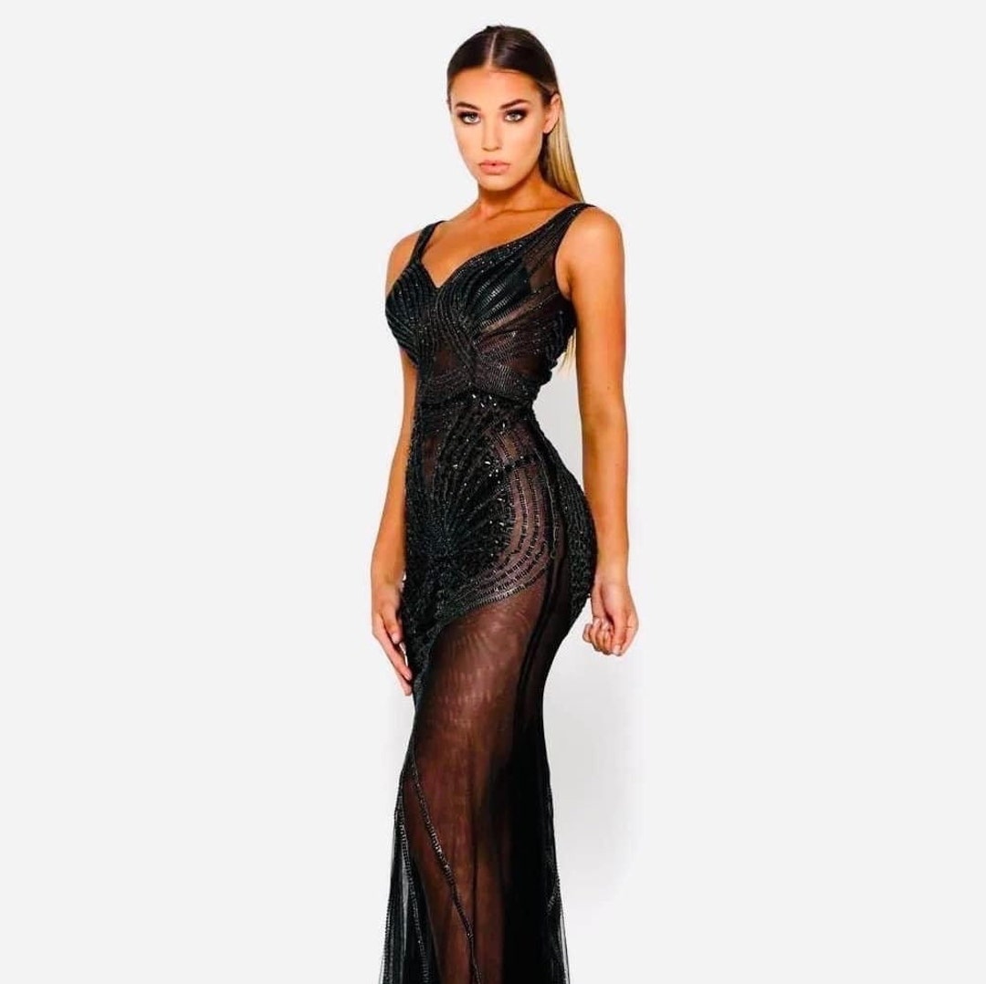 Black Long Sleeveless Sheer Mesh Embellished Dress - Etsy