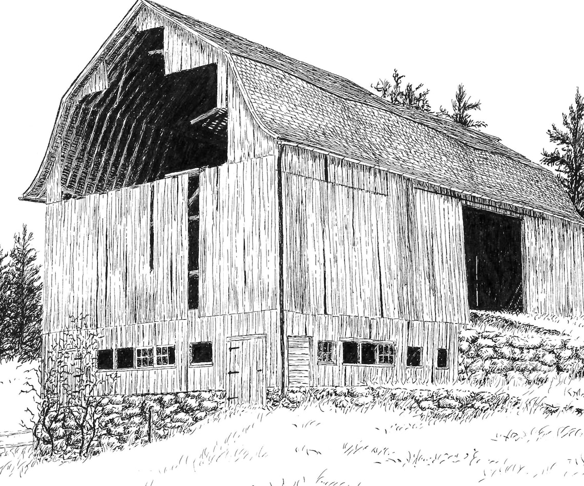 Rustic Old Barn Pen and Ink Drawing Wall Art, 8" X 12" Unframed ...