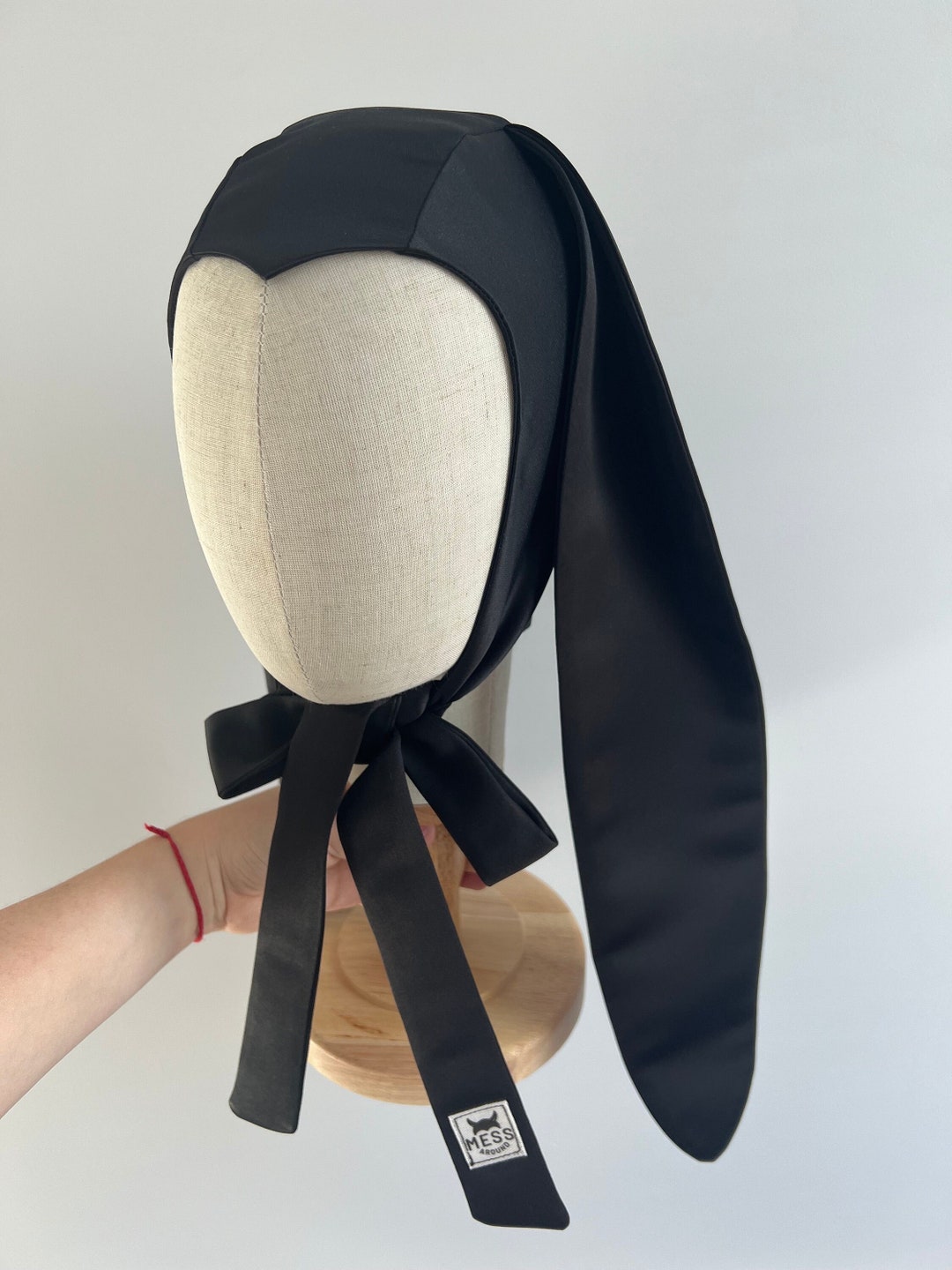 Black Satin Bunny Ears Hat, Bunny Vintage Bonnet, Bunny Hood, Adult Hat ...