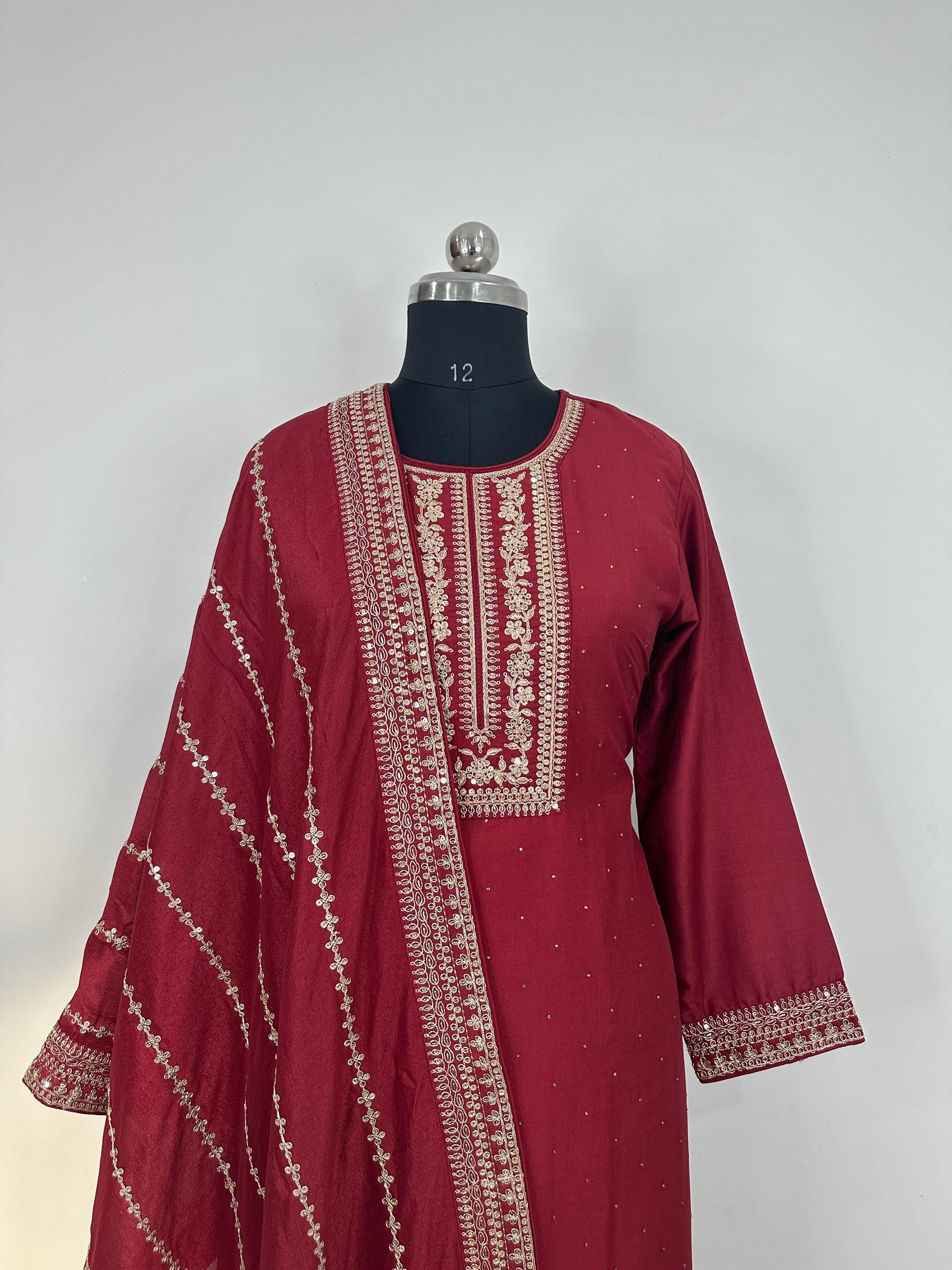 Plus Size Kurta Set for Women - Maroon Kurta Set With Palazzo & Dupatta ...