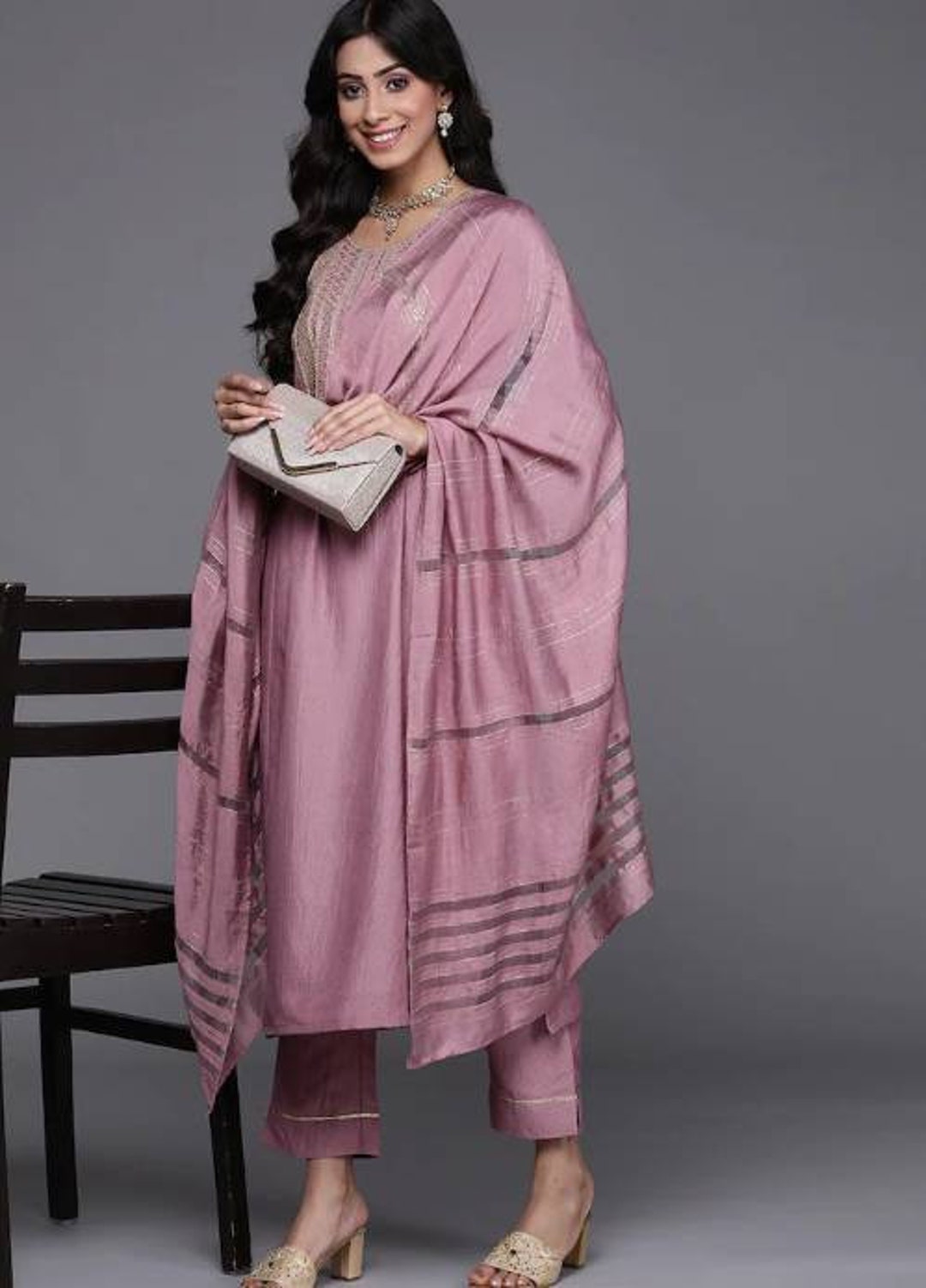 Levender Kurta Set Indian Wedding Dress Ethnic Wear Salwar Kameez Set Women Mauve Ethnic Motifs ...