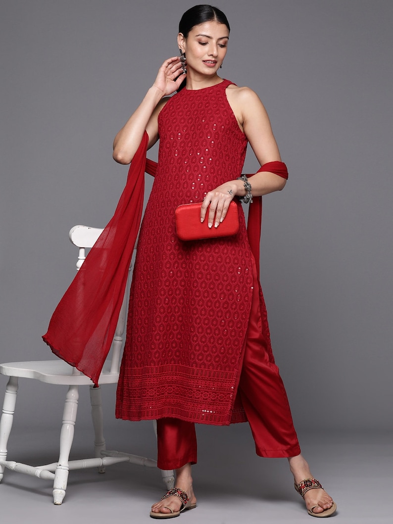 Sleeveless Party Wear Kurta for Women Red Coloured Kurta With Trousers ...