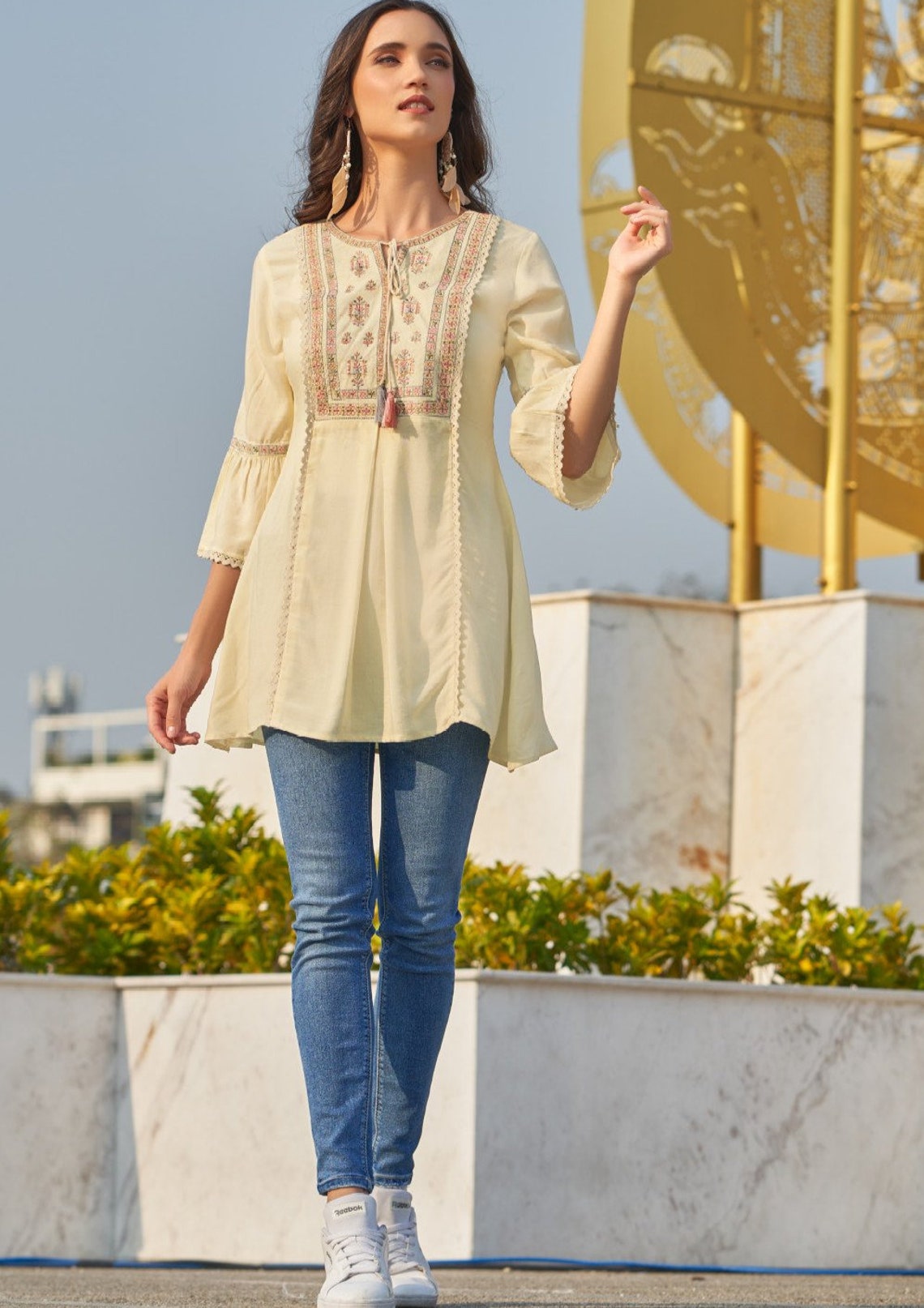 Cream Embroidery Tunic Kurta Short Kurti T-shirt for Women Tunic Dress ...