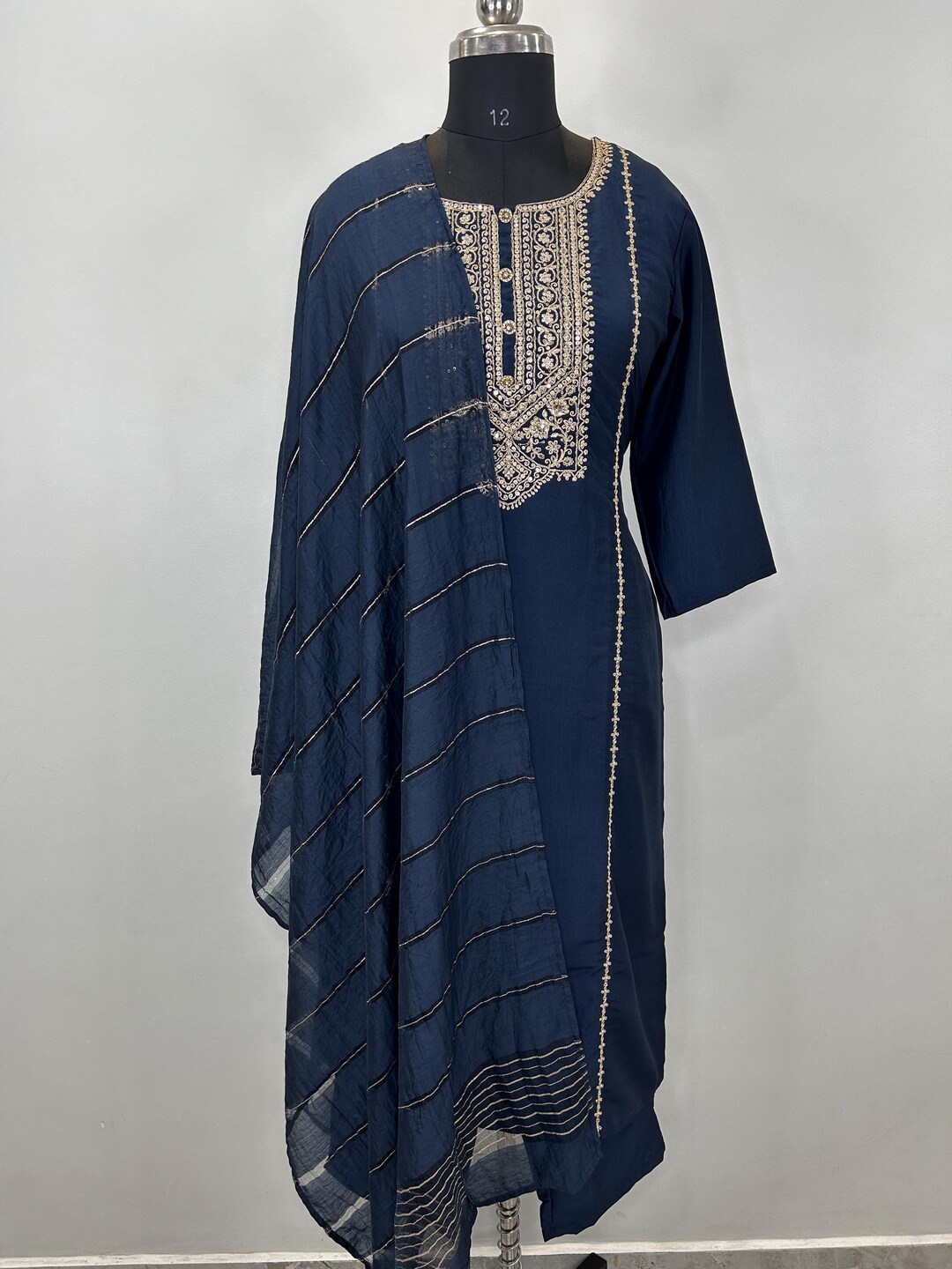 Silk Kurta Sets Women - Dark Blue Embroidered Kurta With Trousers ...