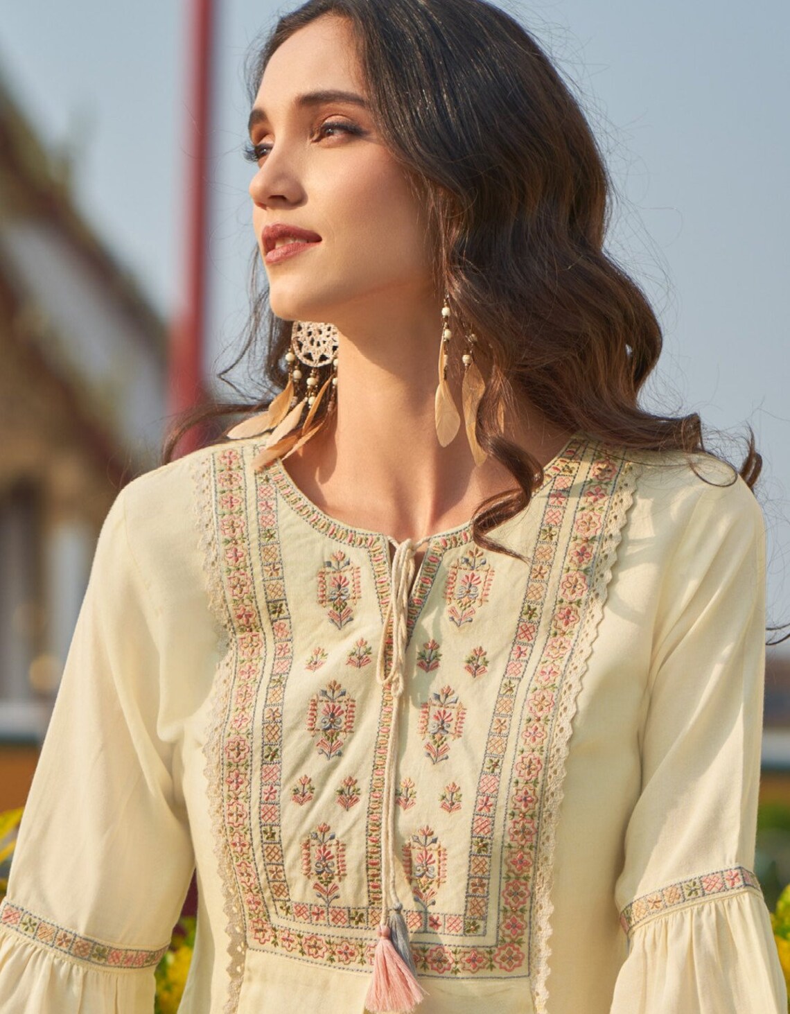 Cream Embroidery Tunic Kurta Short Kurti T-shirt for Women Tunic Dress ...