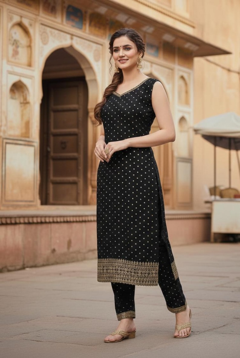 Conjunto de Kurta recta sin mangas - Vestido indio - Conjunto de Salwar ...