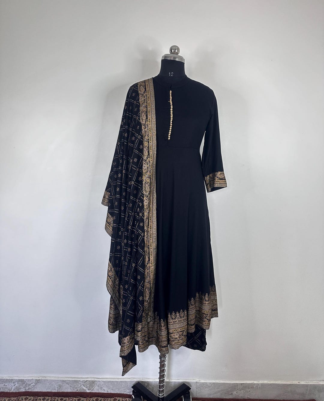 Black Anarkali Dress - Printed Band Collar Anarkali Kurta With Palazzos ...