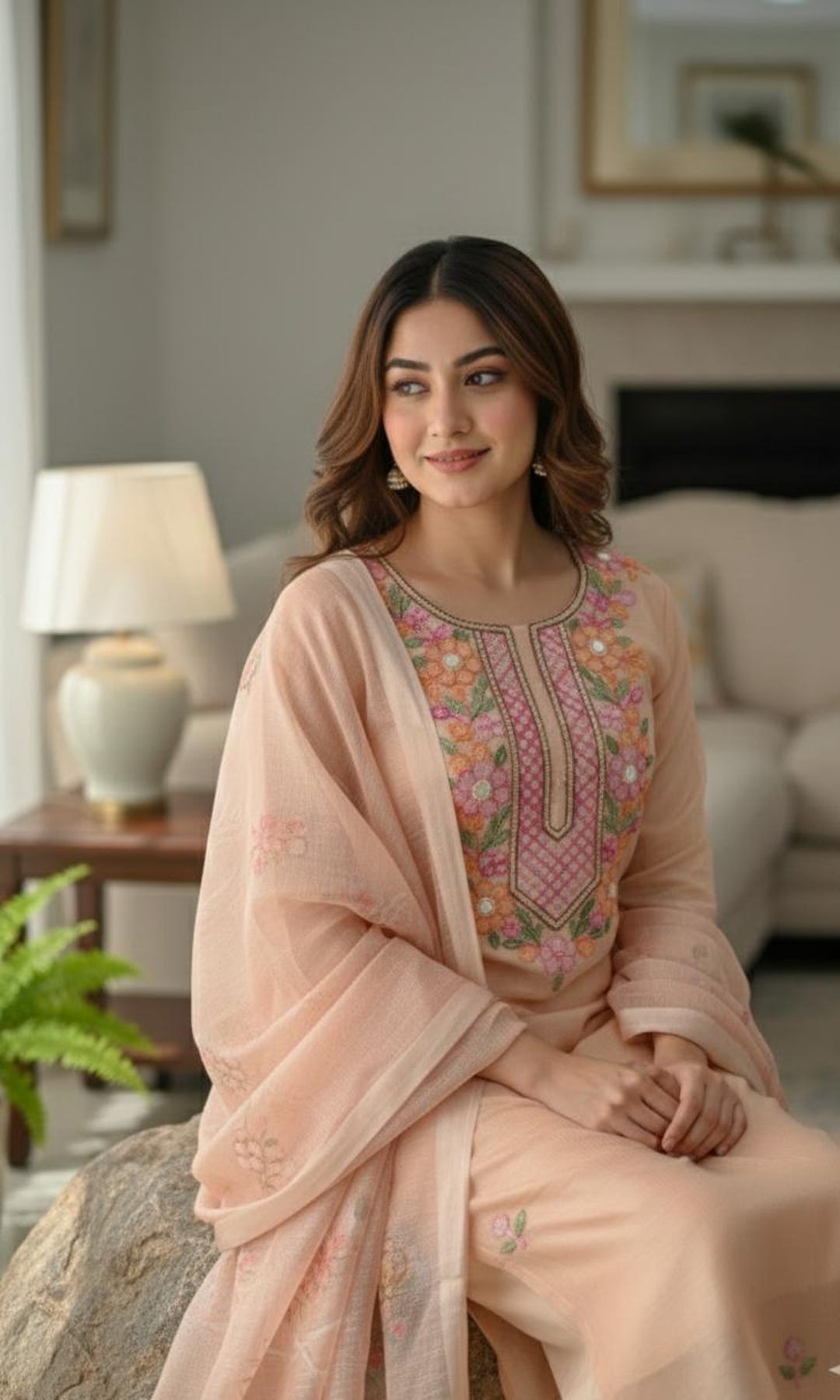 Peach Chanderi Silk Kurta Palazzo Set - Floral Embroidery, Party Wear ...