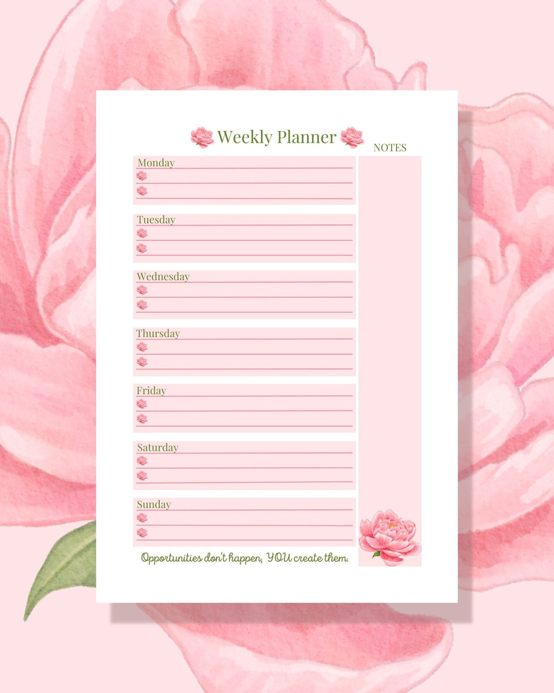 Printable Weekly Planner With Peony Flowers - Etsy