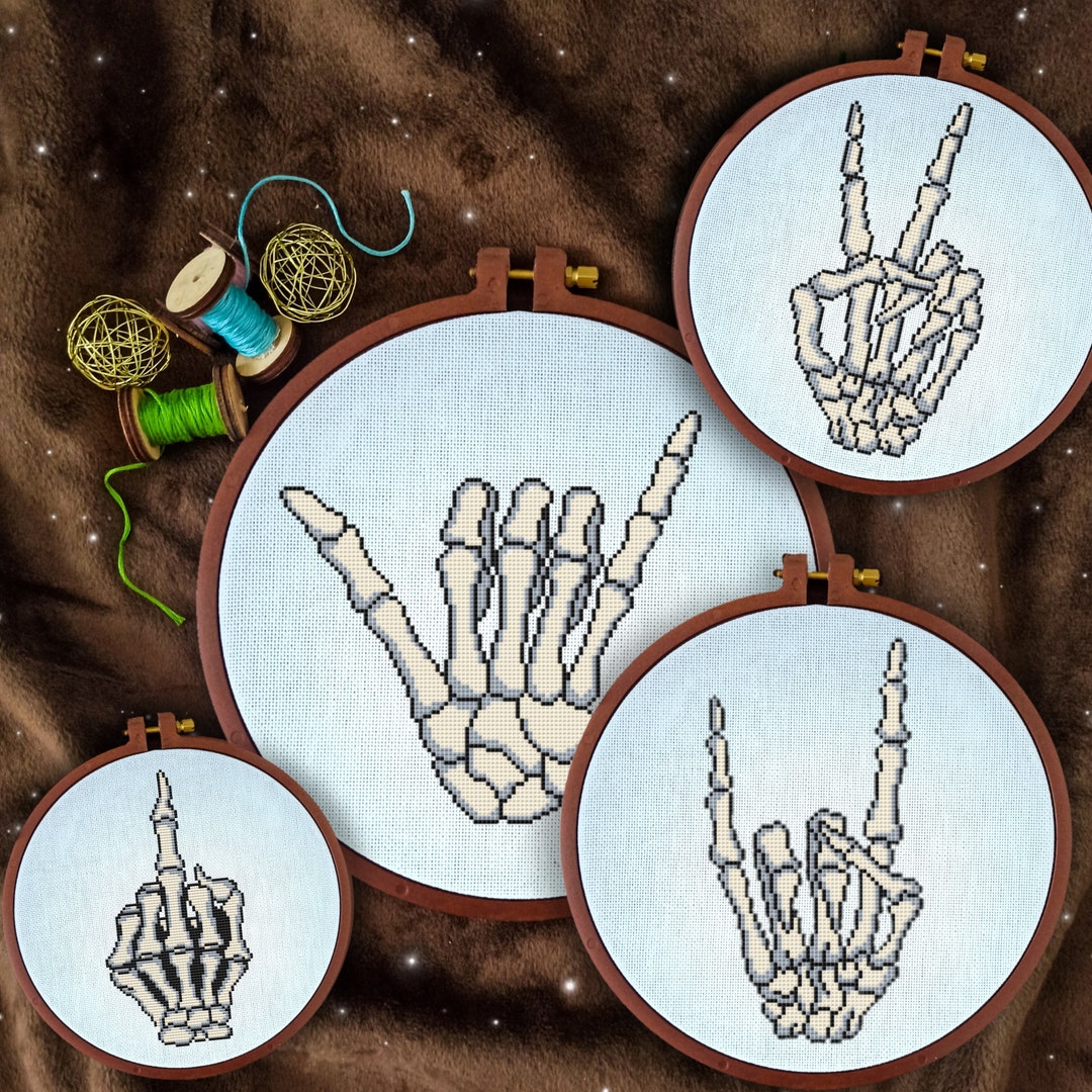 Set of 4 Skeleton Cross Stitch Pattern, Hand Gestures - Etsy