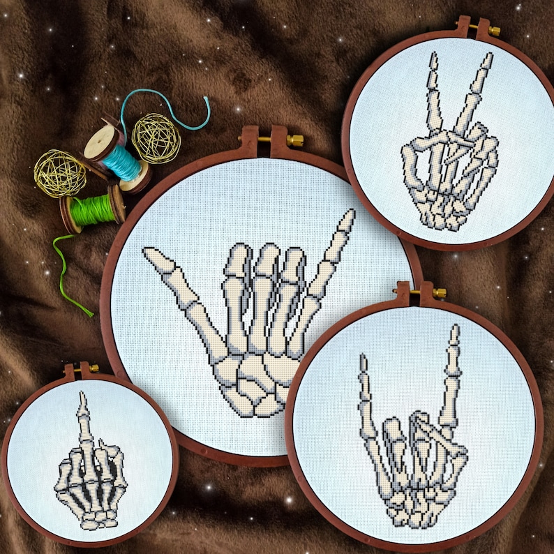 Set of 4 Skeleton Cross Stitch Pattern, Hand Gestures - Etsy