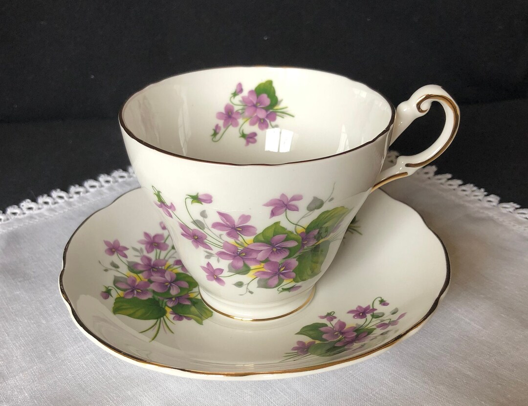 Regency Tea or Coffee Cup and Saucer; Clusters of Violets and Gold Trim ...