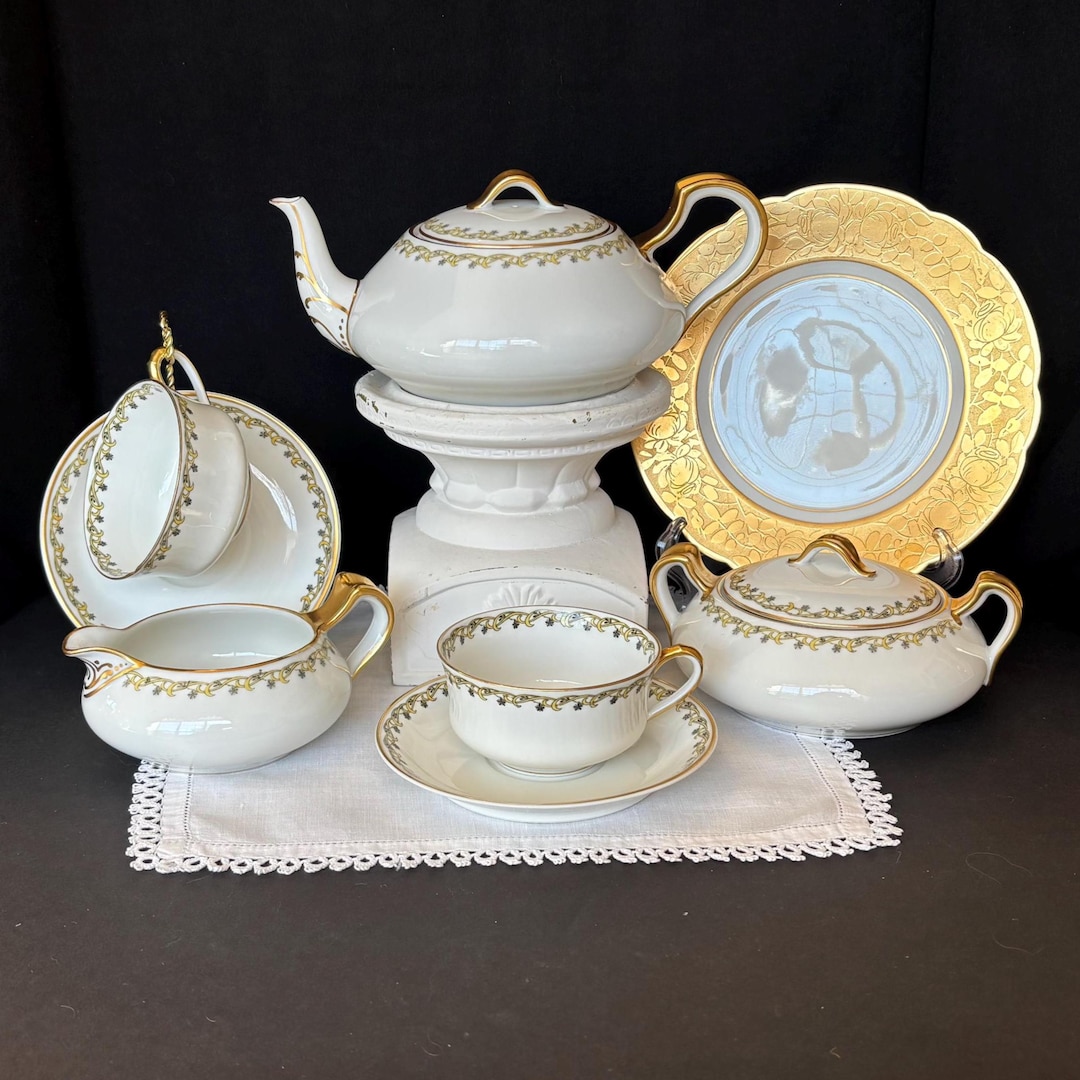 Haviland Limoges Tea Set; Schleiger 101 Black Flowers & Yellow Scrolls ...