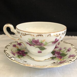 Saji Footed Tea or Coffee Cup and Saucer With Violets; Hand Painted ...